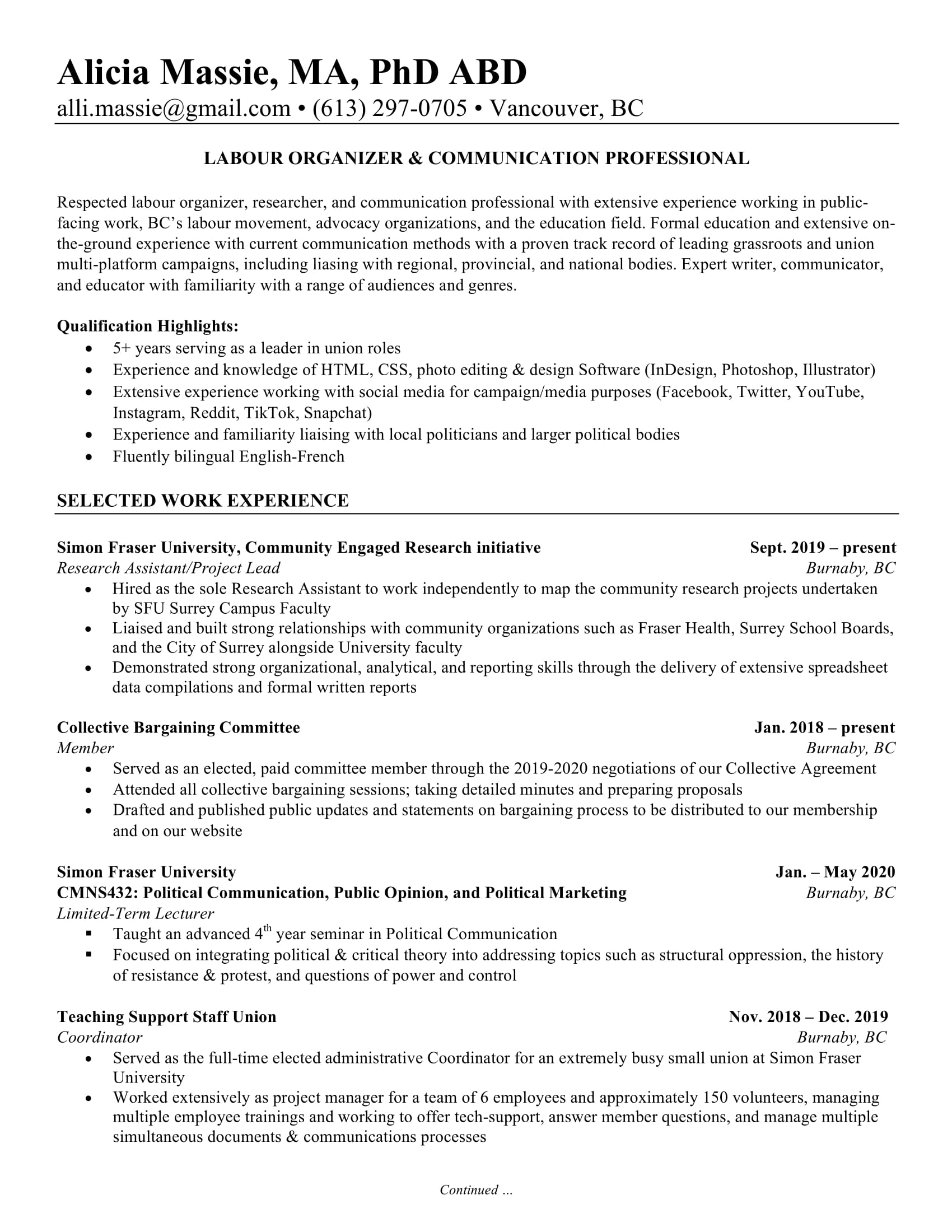 CV – Alicia Massie